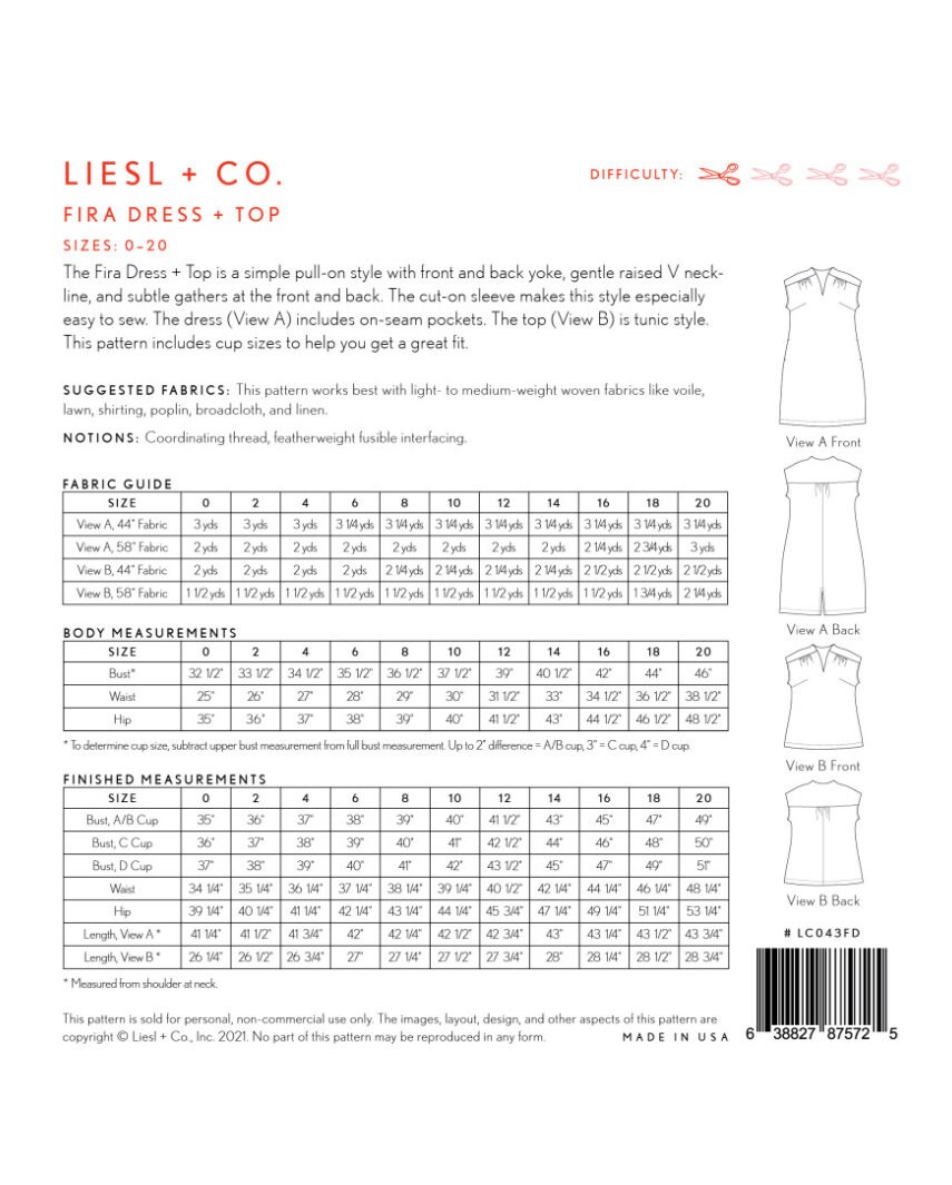 Fira Dress & Top Pattern by Liesl + Co - Paper Pattern - Sizes 0-20 ...